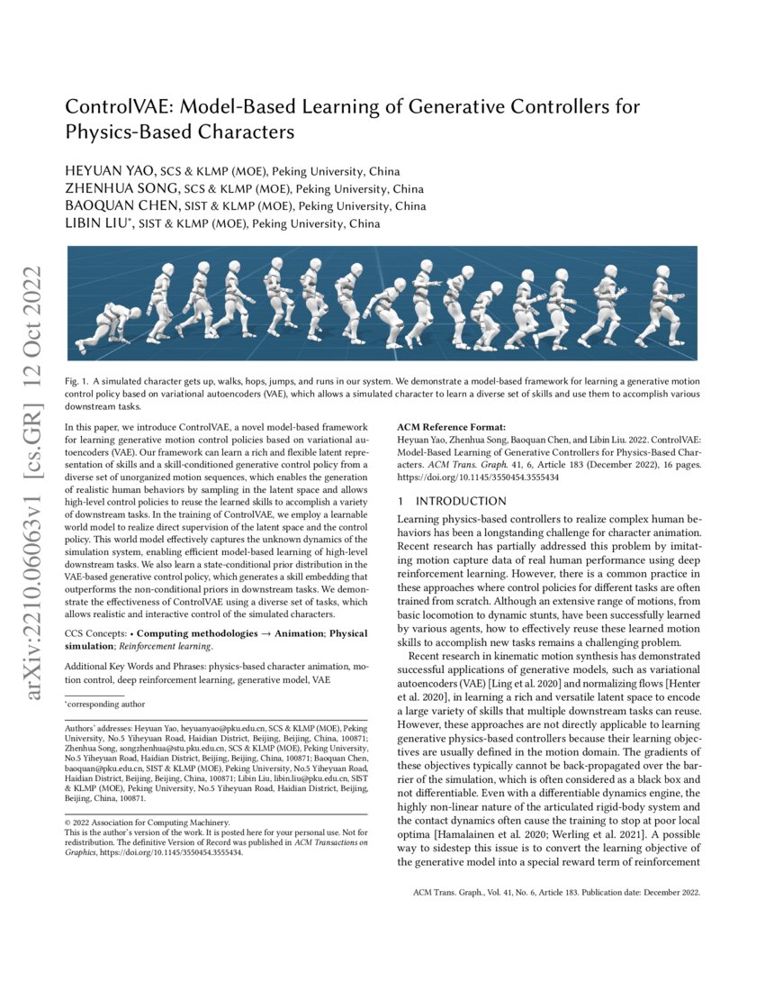 Controlvae Model Based Learning Of Generative Controllers For Physics Based Characters Deepai 