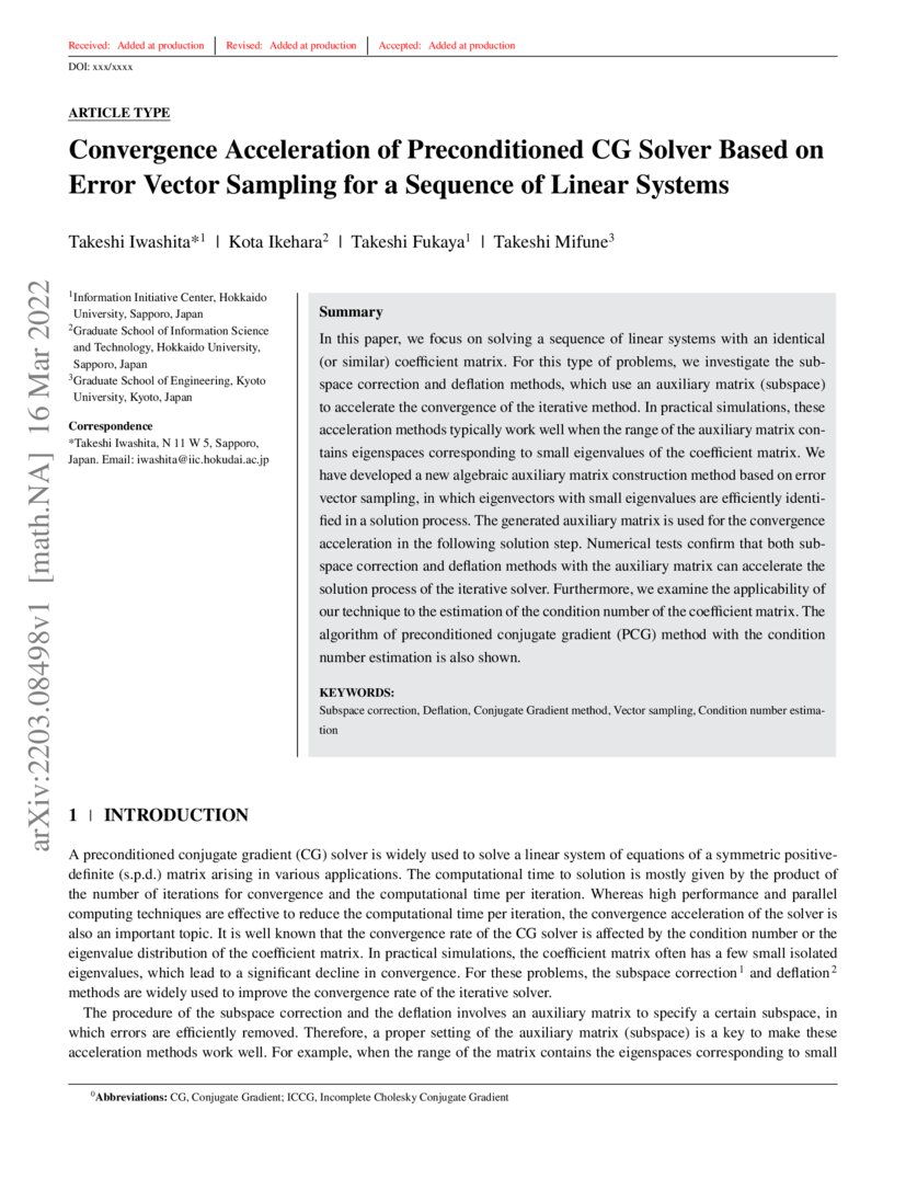 Convergence Acceleration Of Preconditioned Cg Solver Based On Error Vector Sampling For A