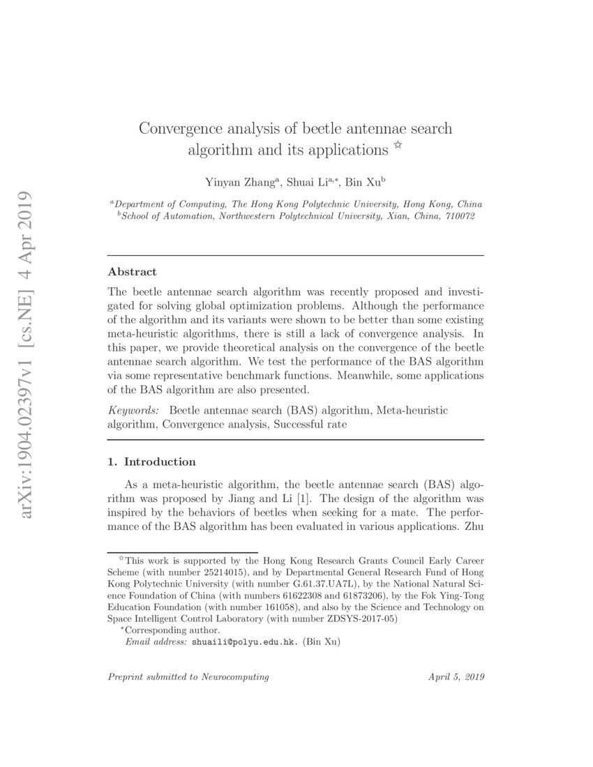 Convergence analysis of beetle antennae search algorithm and its applications | DeepAI