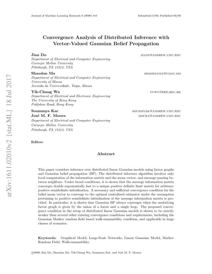 Convergence Analysis of Distributed Inference with Vector-Valued Gaussian Belief Propagation ...