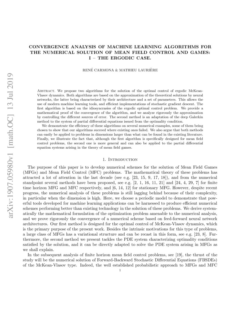 Convergence Analysis Of Machine Learning Algorithms For The Numerical Solution Of Mean Field