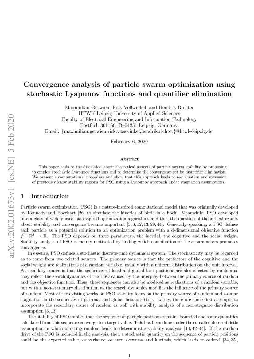 Convergence Analysis Of Particle Swarm Optimization Using Stochastic Lyapunov Functions And 