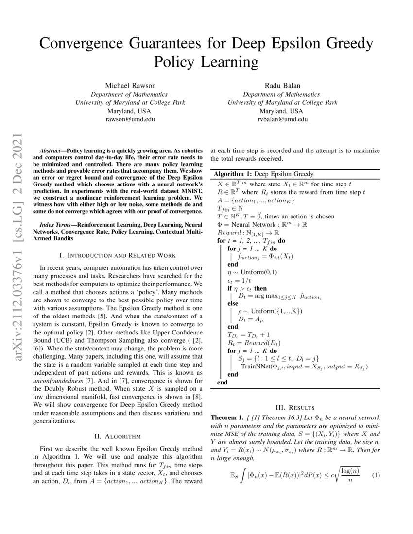 Convergence Guarantees for Deep Epsilon Greedy Policy Learning | DeepAI