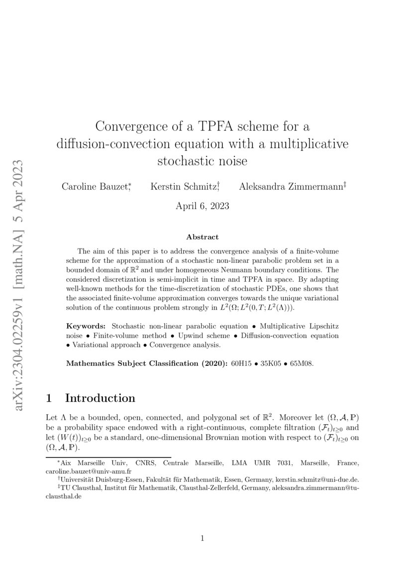 Convergence Of A Tpfa Scheme For A Diffusion Convection Equation With A