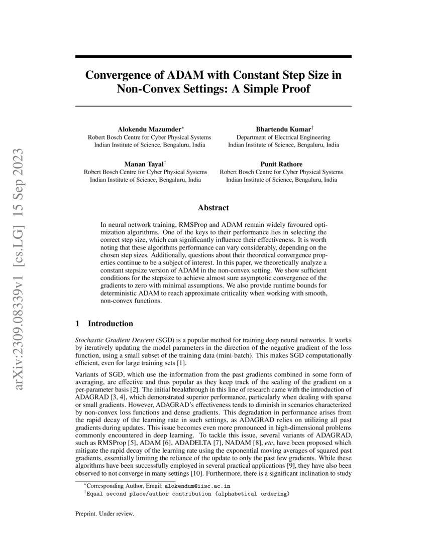 Convergence Of Adam With Constant Step Size In Non Convex Settings A Simple Proof Deepai