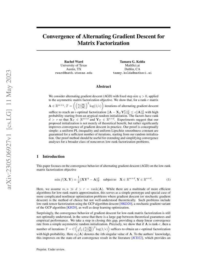 Convergence of Alternating Gradient Descent for Matrix Factorization ... Convergence of Alternating Gradient Descent for Matrix Factorization ...