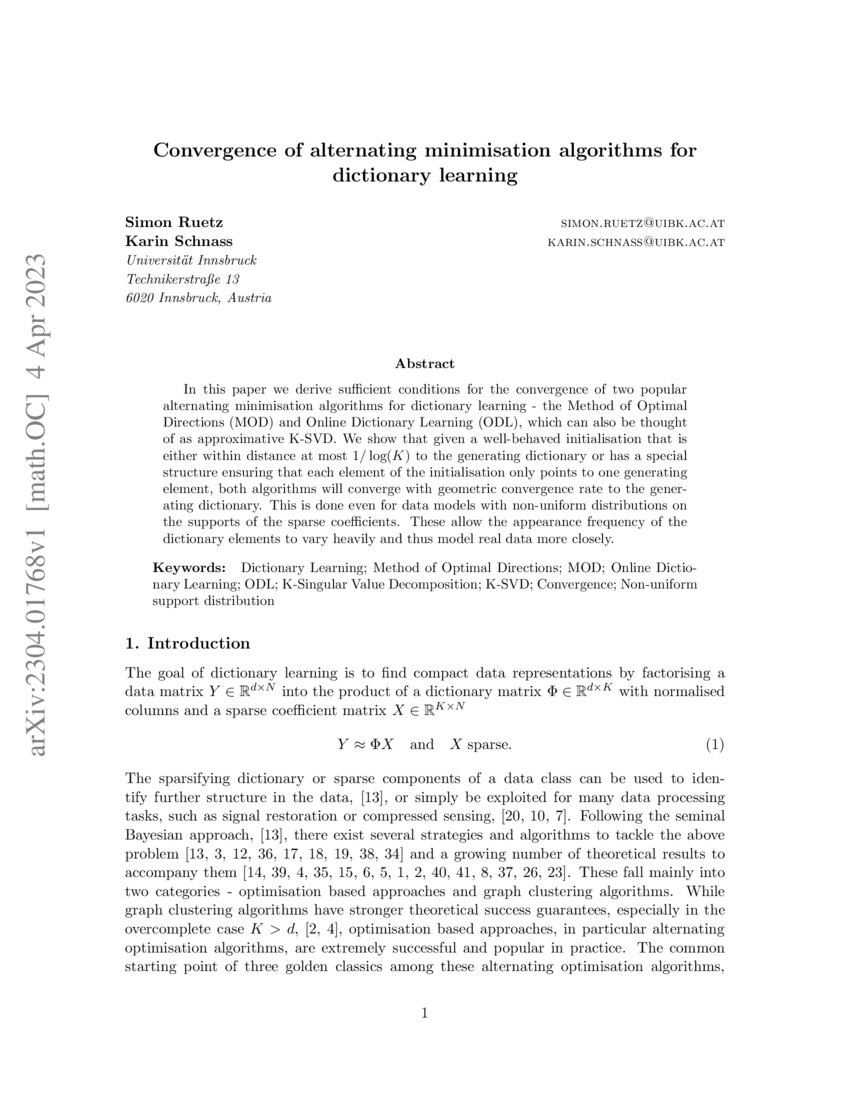 Convergence Of Alternating Minimisation Algorithms For Dictionary Learning Deepai
