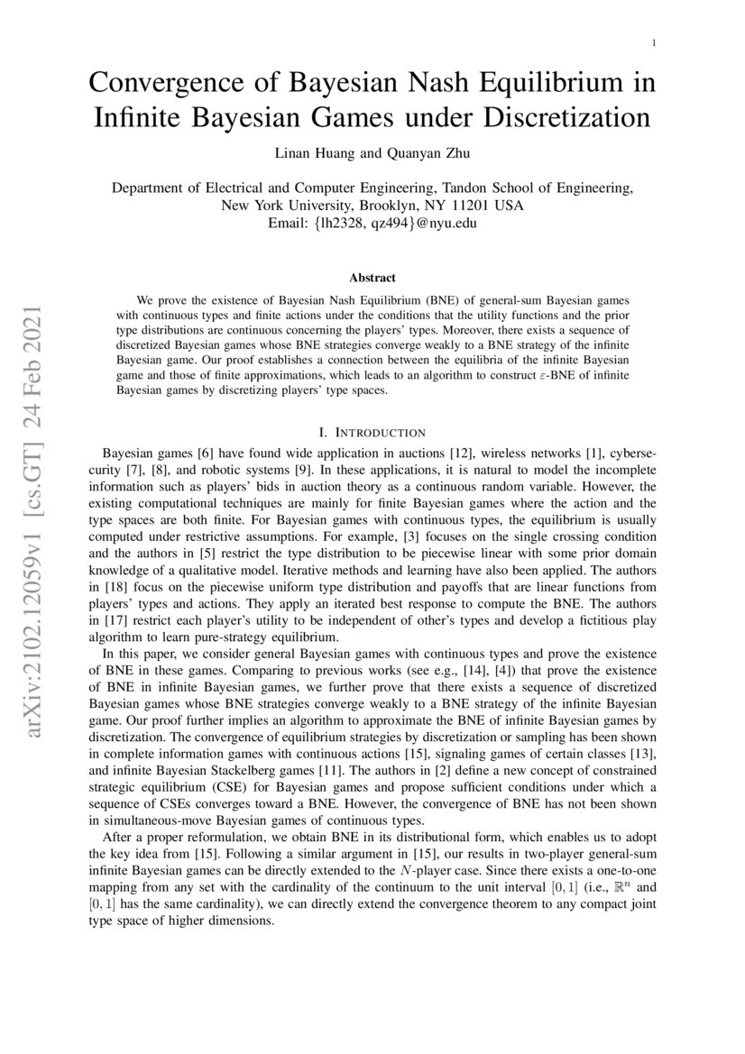 Convergence of Bayesian Nash Equilibrium in Infinite Bayesian Games ...
