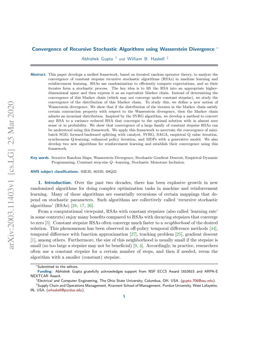 Convergence of Recursive Stochastic Algorithms using Wasserstein ... Convergence of Recursive Stochastic Algorithms using Wasserstein ...