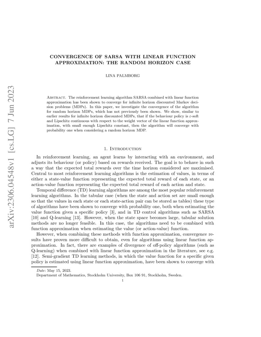 Convergence Of Sarsa With Linear Function Approximation The Random Horizon Case Deepai 