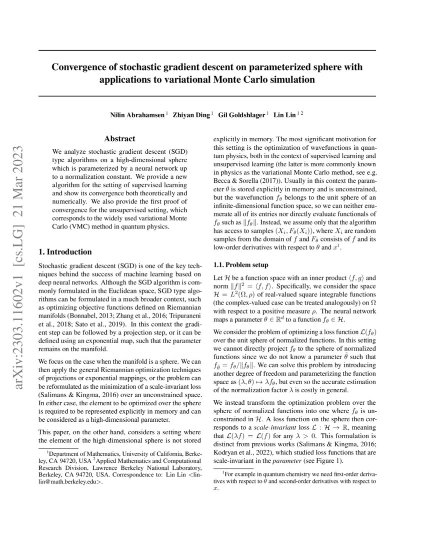 Convergence Of Stochastic Gradient Descent On Parameterized Sphere With