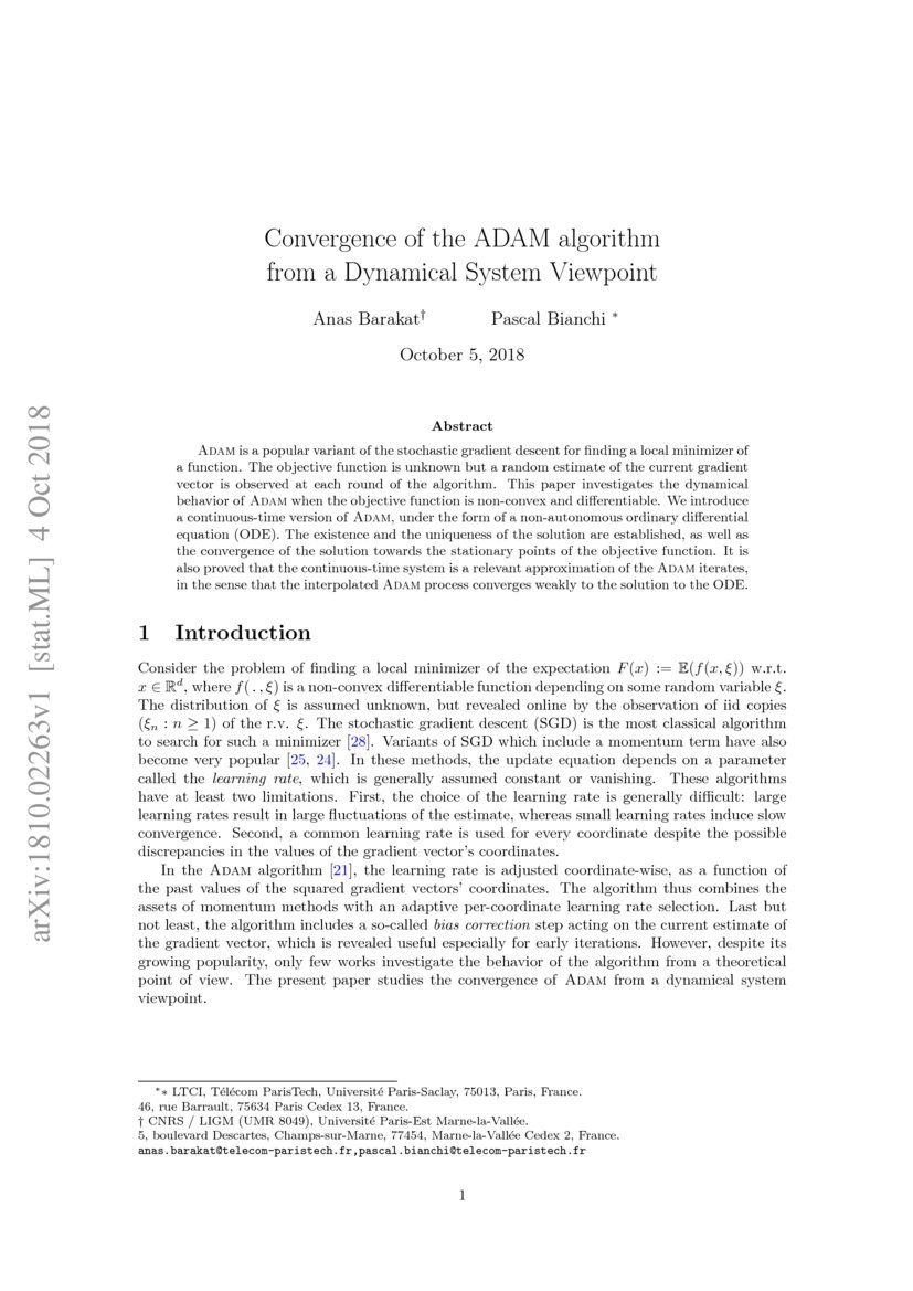 Convergence of the ADAM algorithm from a Dynamical System Viewpoint ...