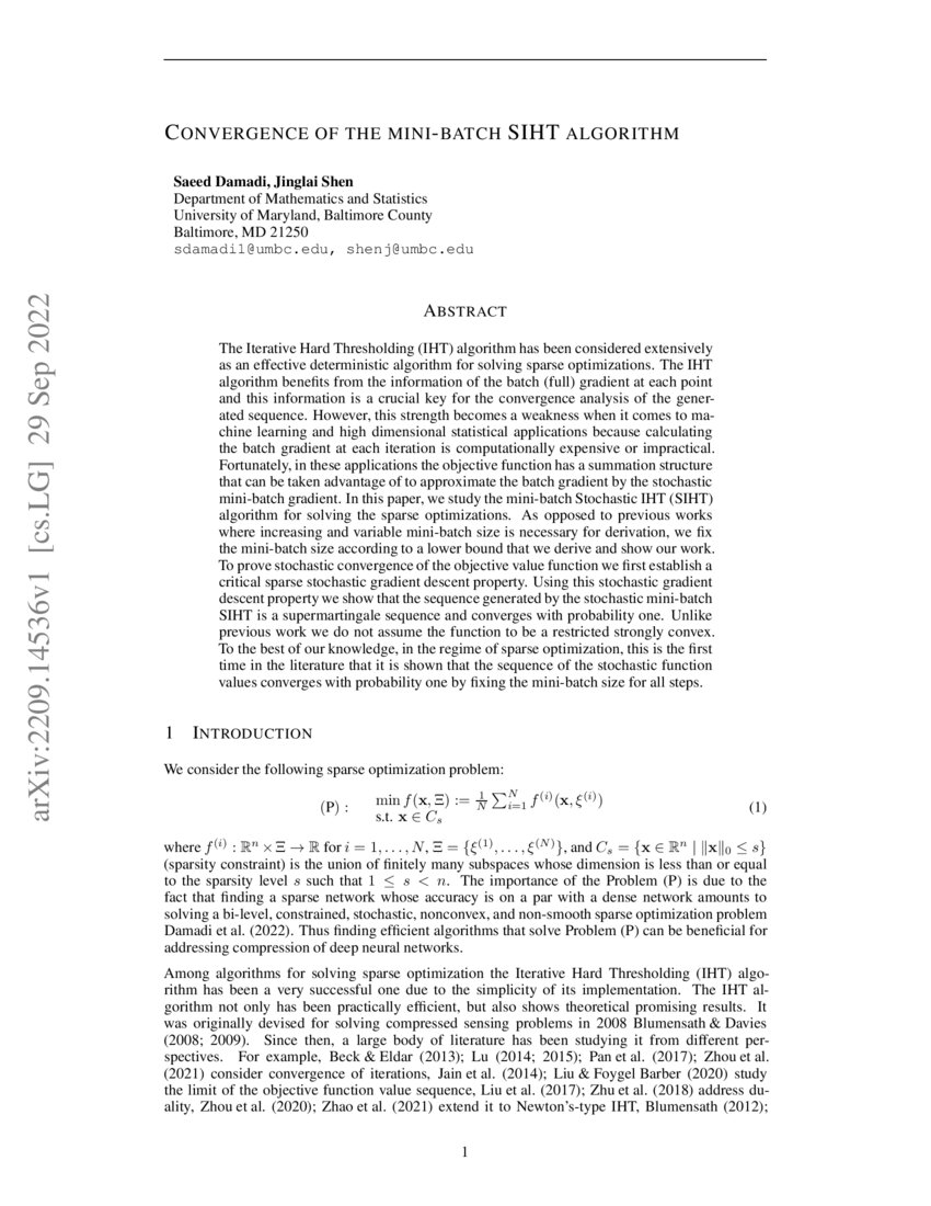 Convergence of the mini-batch SIHT algorithm | DeepAI