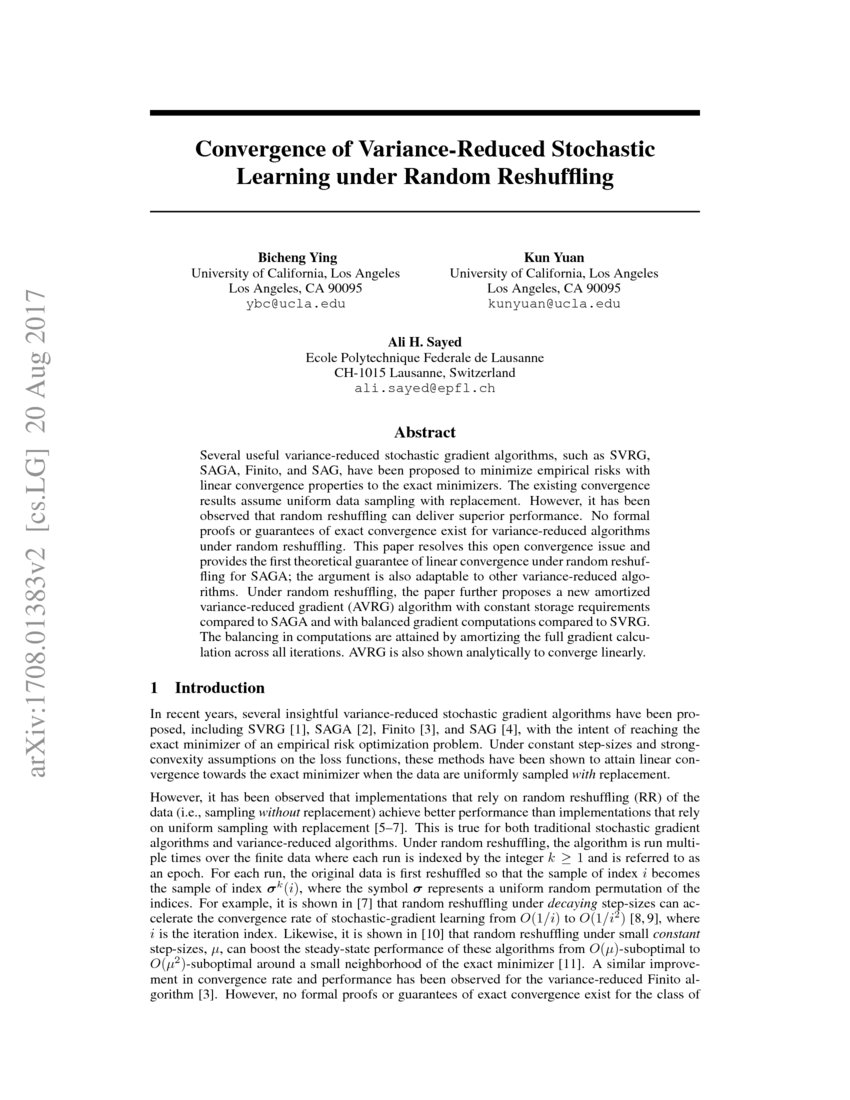 Convergence Of Variance Reduced Stochastic Learning Under Random Reshuffling Deepai