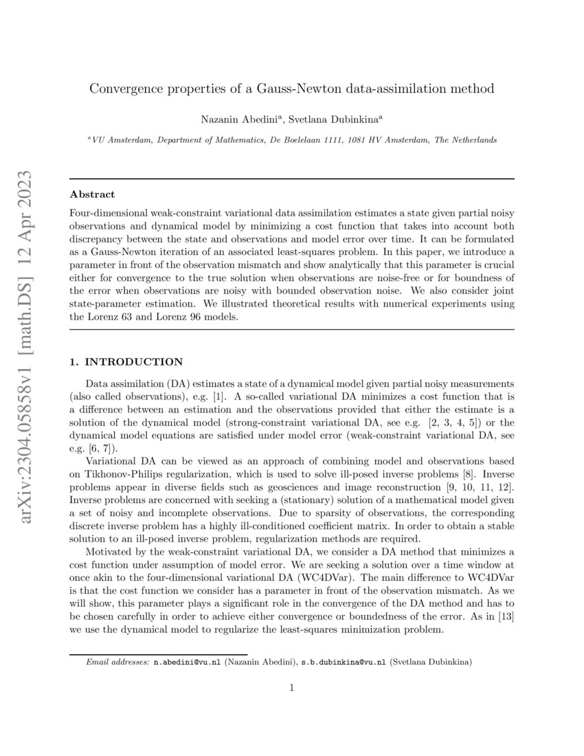 Convergence Properties Of A Gauss Newton Data Assimilation Method Deepai 
