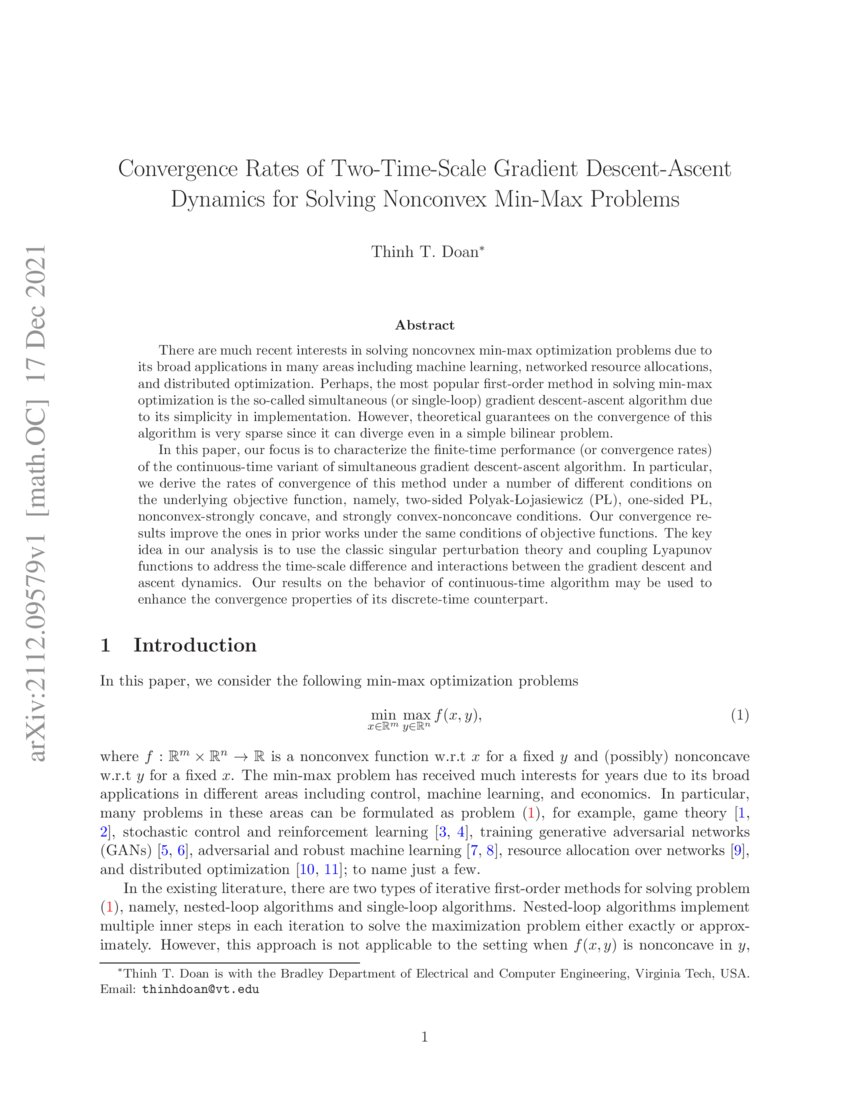Convergence Rates Of Two Time Scale Gradient Descent Ascent Dynamics For Solving Nonconvex Min