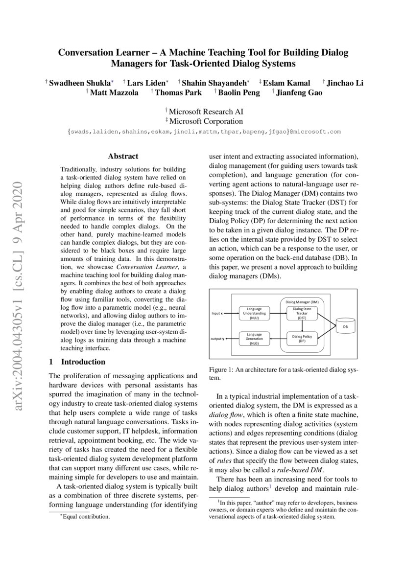 Conversation Learner – A Machine Teaching Tool for Building Dialog Managers for Task-Oriented ...
