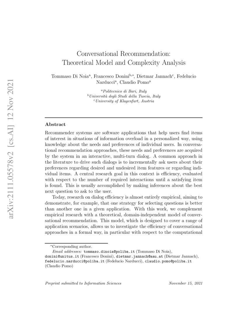 Conversational Recommendation: Theoretical Model and Complexity Analysis | DeepAI
