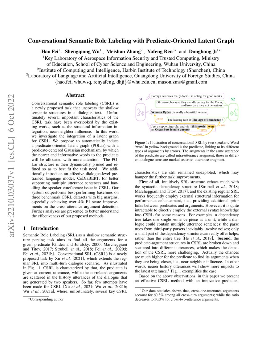 Conversational Semantic Role Labeling With Predicate Oriented Latent Graph Deepai 