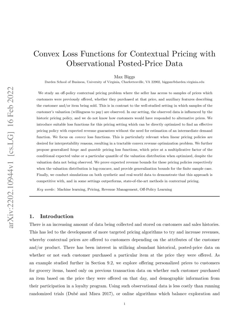 Convex Loss Functions For Contextual Pricing With Observational Posted
