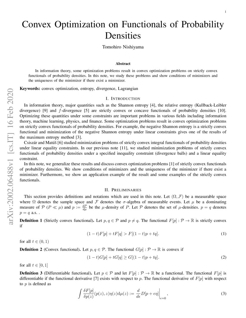 Convex Optimization on Functionals of Probability Densities | DeepAI
