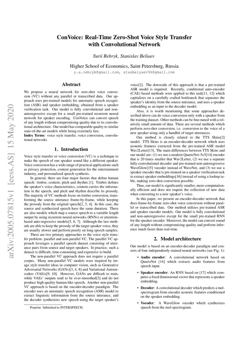 ConVoice: Real-Time Zero-Shot Voice Style Transfer with Convolutional Network | DeepAI