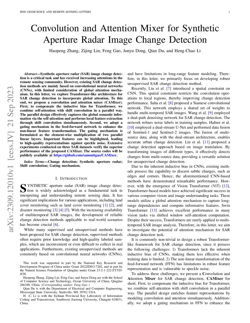 Convolution and Attention Mixer for Synthetic Aperture Radar Image Change Detection | DeepAI