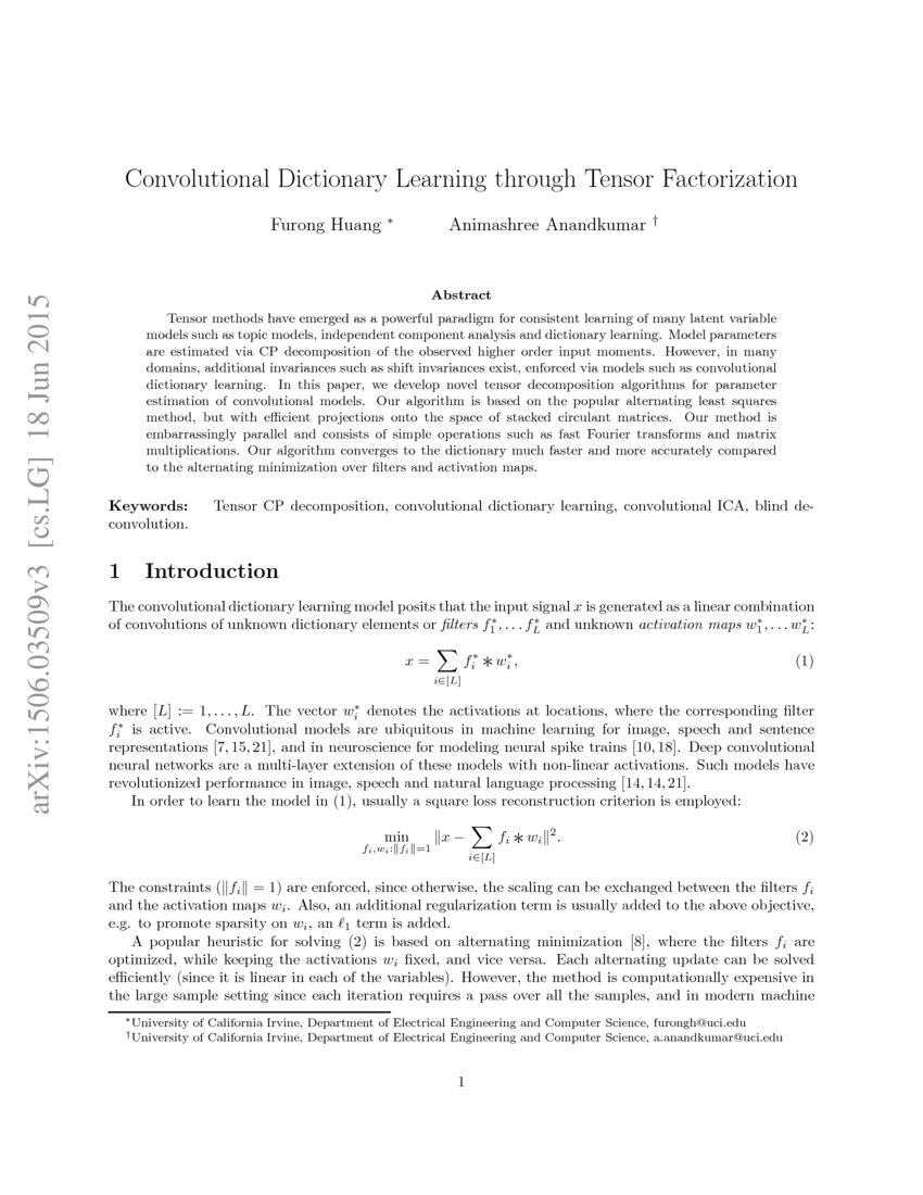 Convolutional Dictionary Learning Through Tensor Factorization Deepai