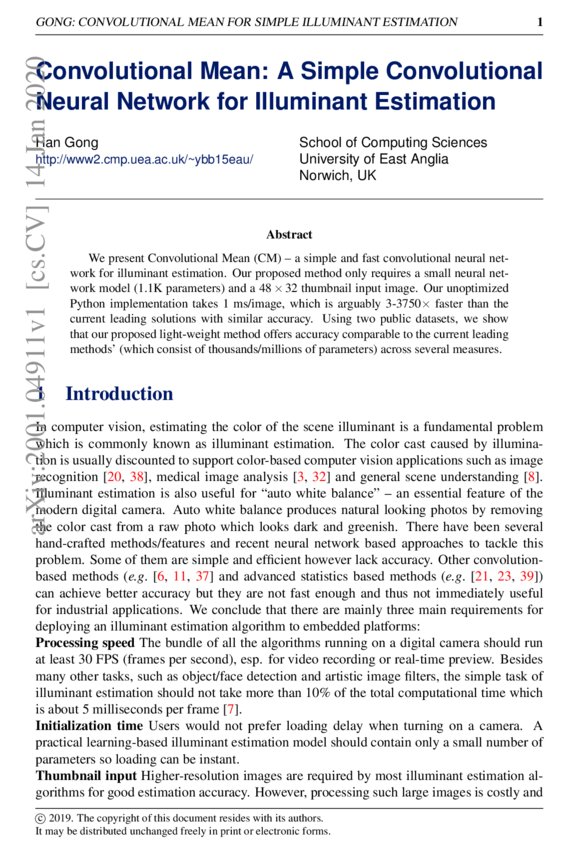Convolutional Mean: A Simple Convolutional Neural Network for Illuminant Estimation | DeepAI