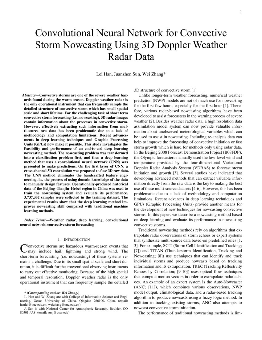 Convolutional Neural Network For Convective Storm Nowcasting Using 3d Doppler Weather Radar Data