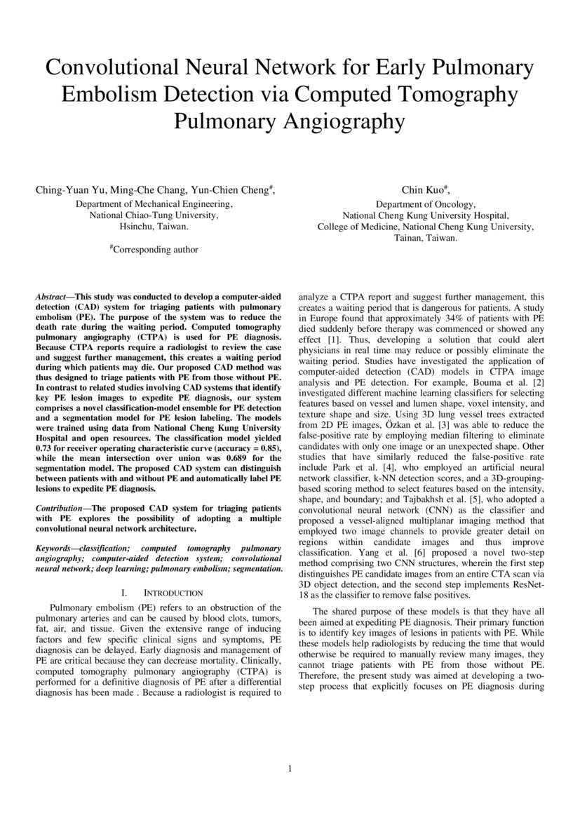Convolutional Neural Network for Early Pulmonary Embolism Detection via Computed Tomography ...