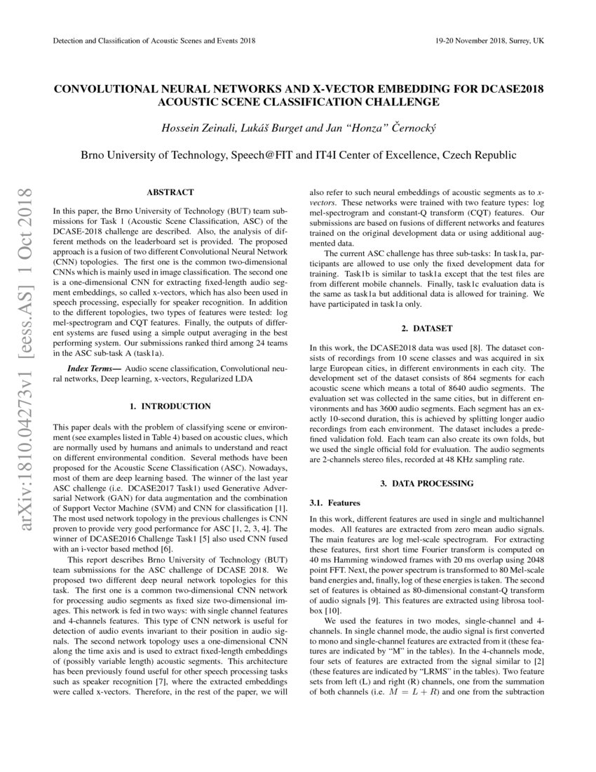Convolutional Neural Networks And X Vector Embedding For Dcase2018 Acoustic Scene Classification