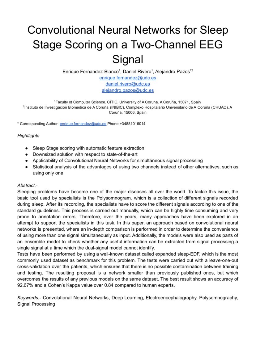 Convolutional Neural Networks for Sleep Stage Scoring on a Two-Channel EEG Signal | DeepAI
