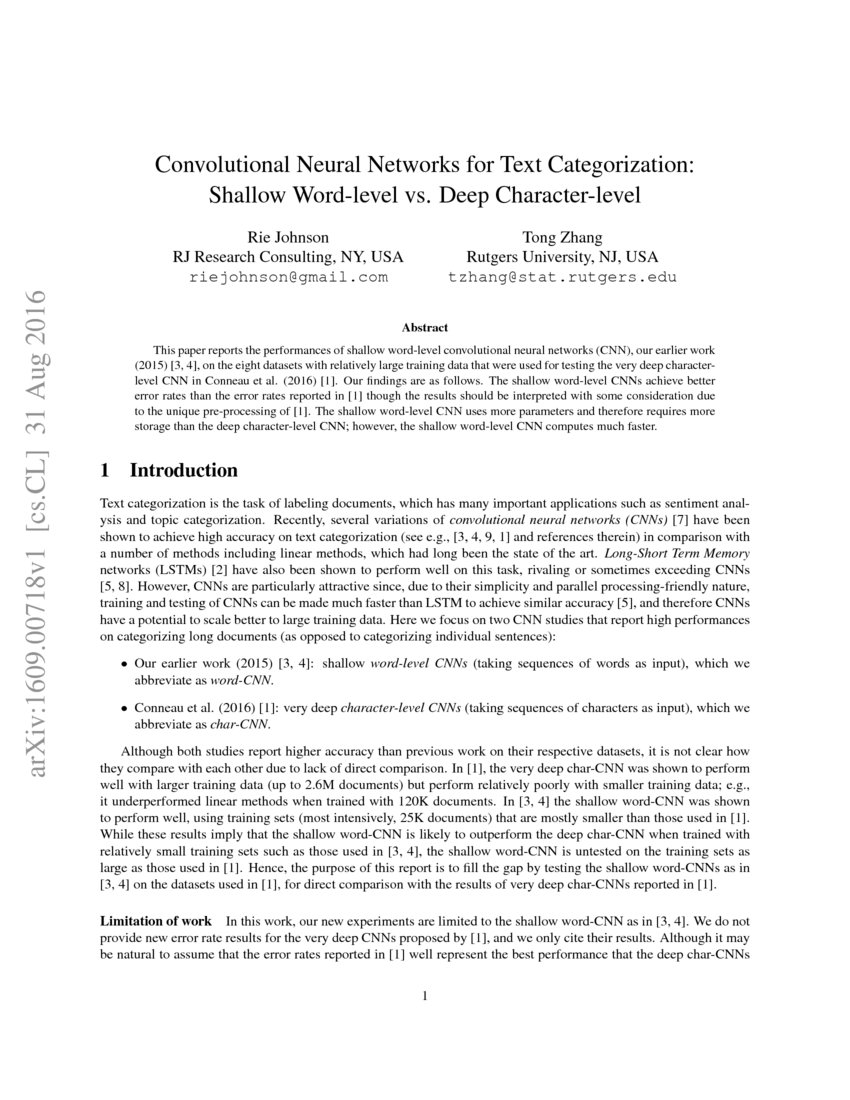 Convolutional Neural Networks For Text Categorization Shallow Word Level Vs Deep Character 
