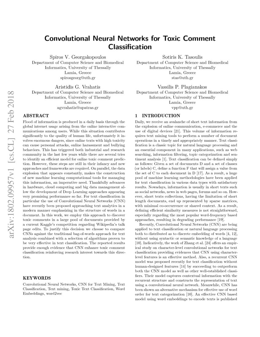 Convolutional Neural Networks for Toxic Comment Classification | DeepAI