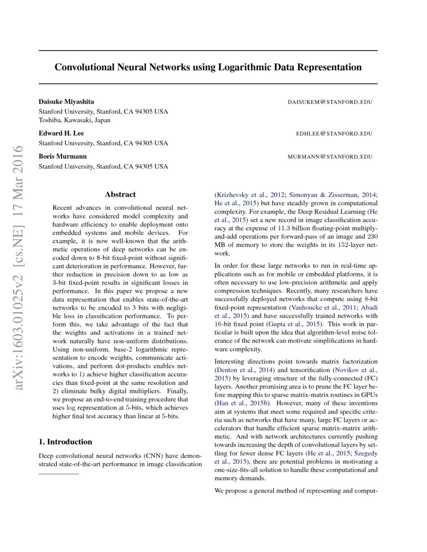 Convolutional Neural Networks using Logarithmic Data Representation ...