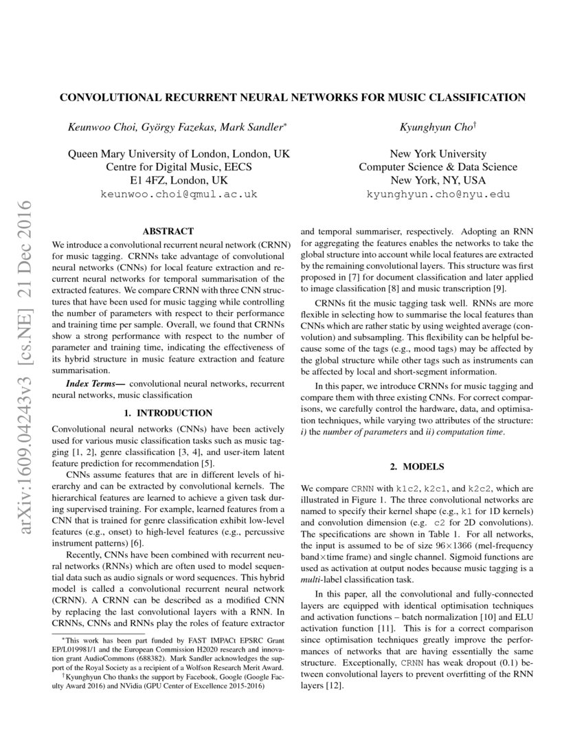 Convolutional Recurrent Neural Networks For Music Classification Deepai