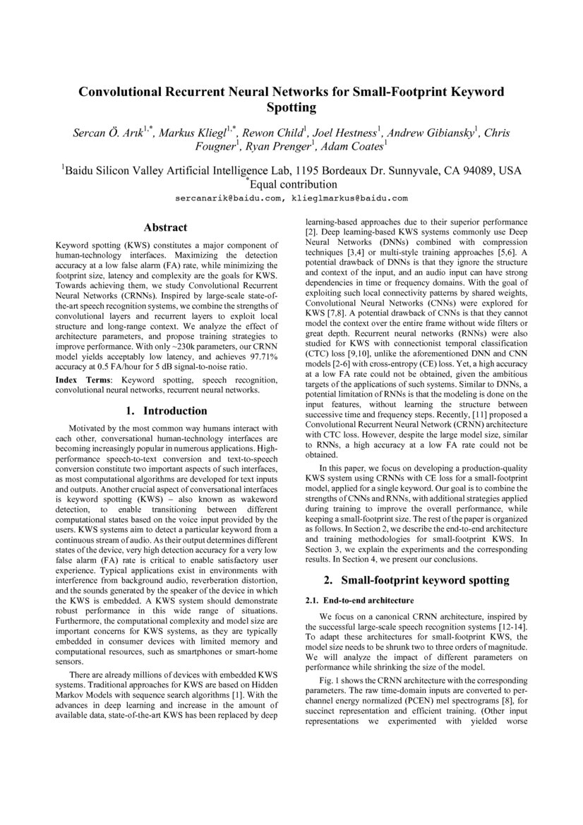 Convolutional Recurrent Neural Networks for Small-Footprint Keyword Spotting | DeepAI