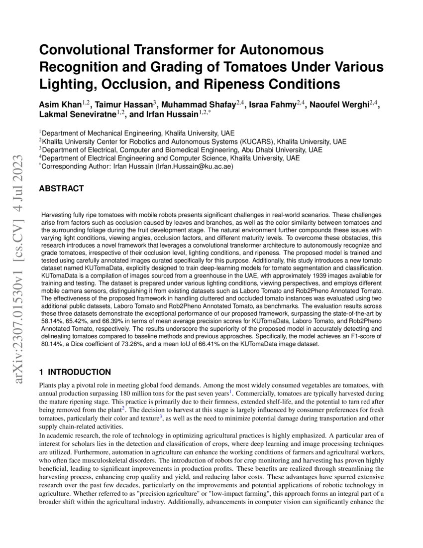 Convolutional Transformer For Autonomous Recognition And Grading Of Tomatoes Under Various