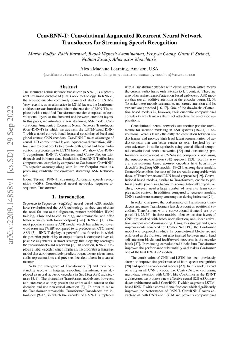 Convrnn T Convolutional Augmented Recurrent Neural Network Transducers For Streaming Speech