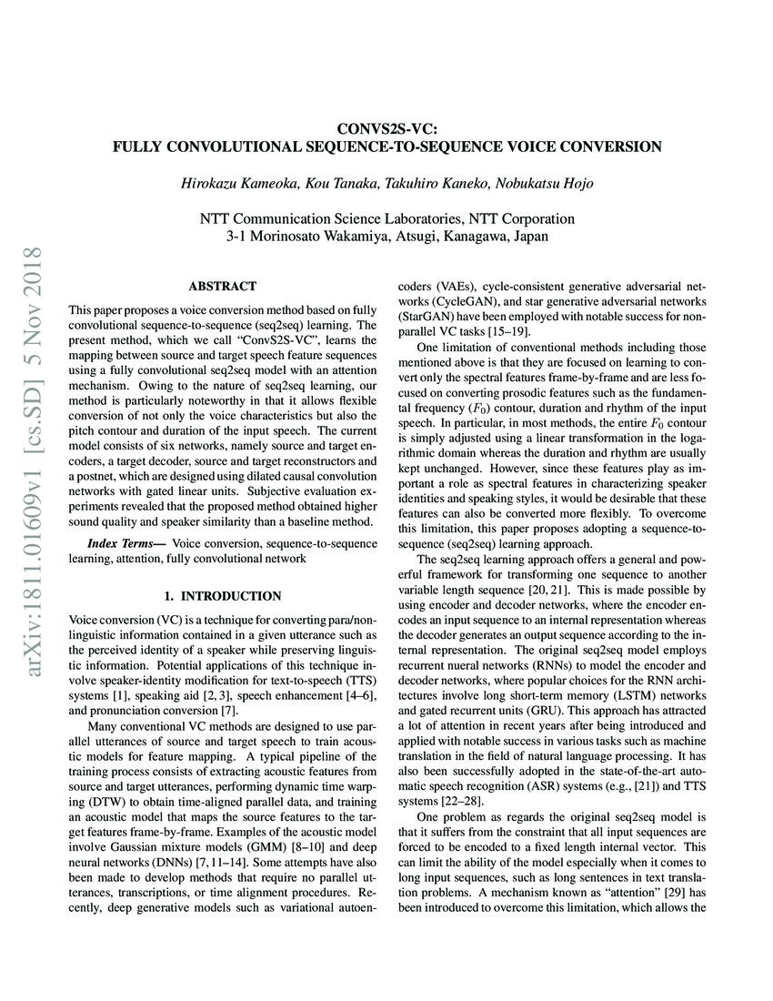 ConvS2S-VC: Fully convolutional sequence-to-sequence voice conversion | DeepAI