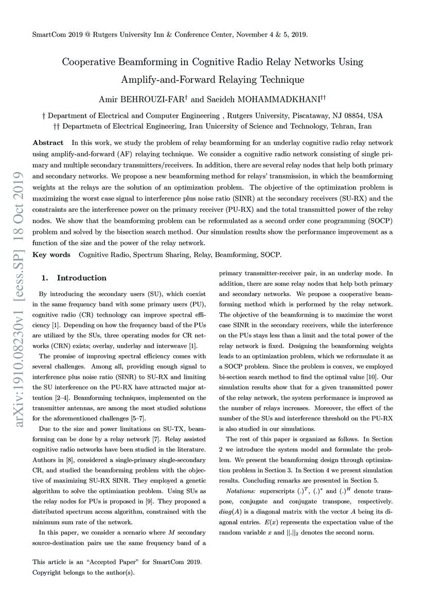 Cooperative Beamforming In Cognitive Radio Relay Networks Using Amplify And Forward Relaying