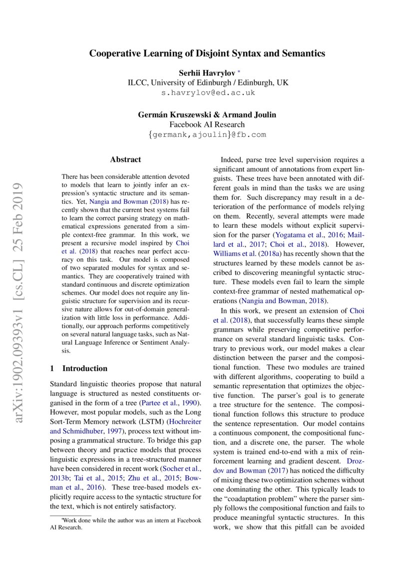 Cooperative Learning of Disjoint Syntax and Semantics | DeepAI