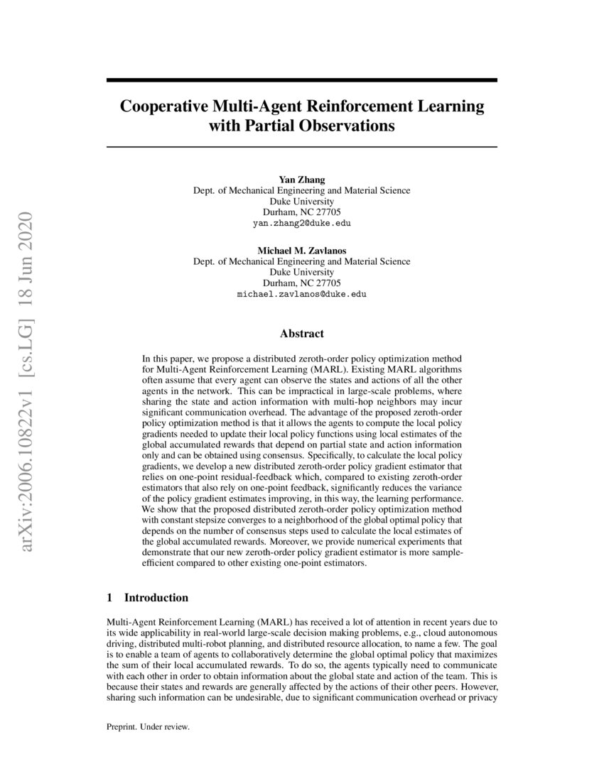 Cooperative Multi Agent Reinforcement Learning With Partial