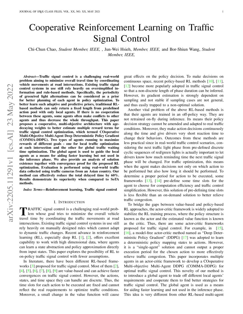 Cooperative Reinforcement Learning on Traffic Signal Control | DeepAI