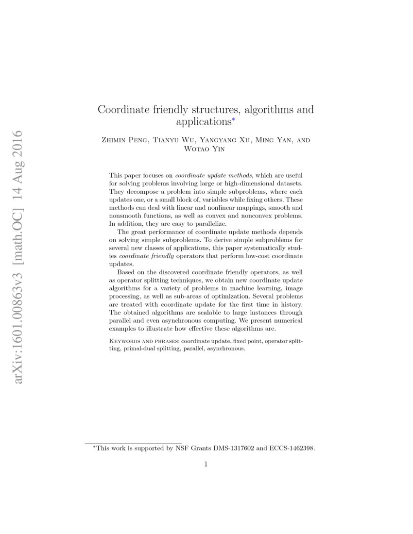 Coordinate Friendly Structures Algorithms And Applications Deepai