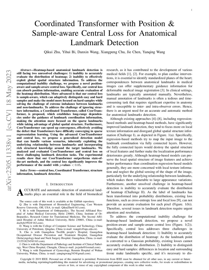 Coordinated Transformer With Position And Sample Aware Central Loss For Anatomical Landmark