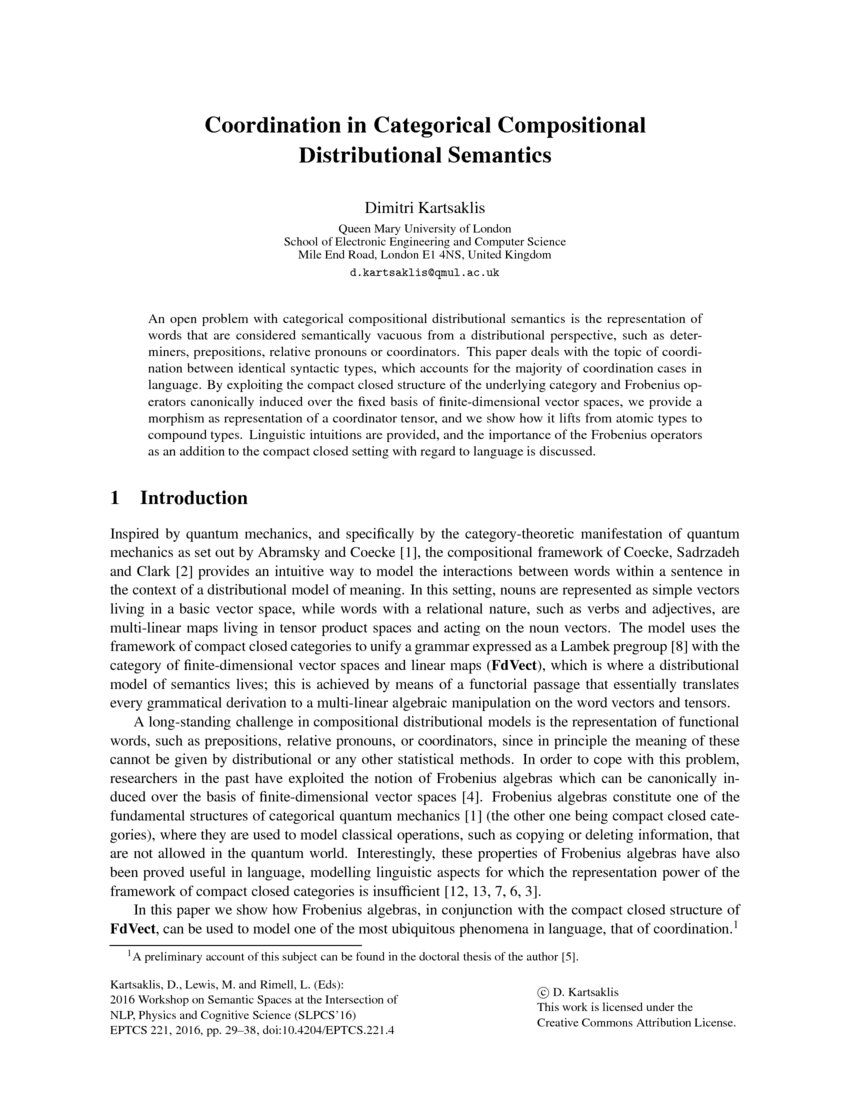 Coordination In Categorical Compositional Distributional Semantics Deepai