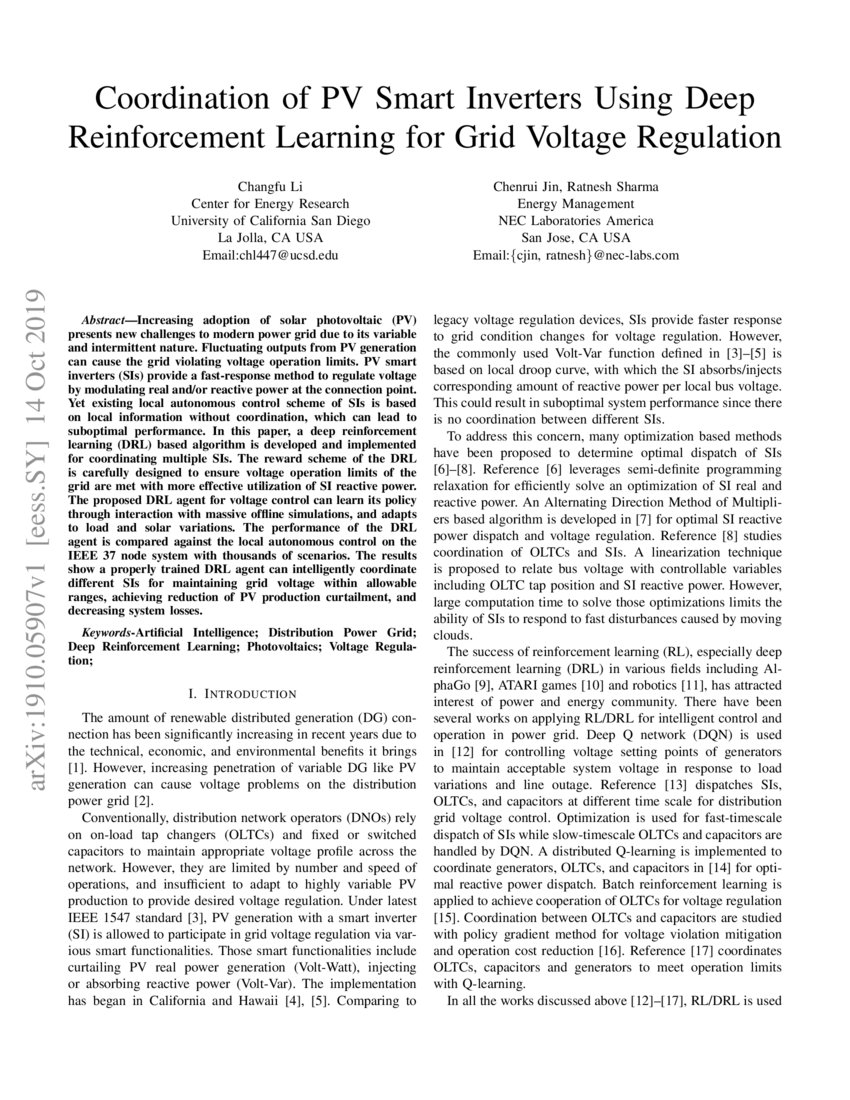 Coordination of PV Smart Inverters Using Deep Reinforcement Learning for Grid Voltage Regulation ...