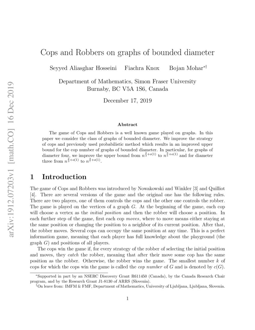 Cops and Robbers on graphs of bounded diameter | DeepAI
